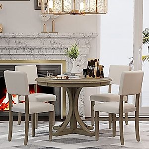 WOZNLA 5-Piece Retro Round Dining Table Set for 4, Kitchen Table Set with Curved Trestle Style Legs and 4 Upholstered Chairs, Taupe