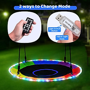 Trekassy 700lbs 40" Saucer Tree Swing for Kids Adults Outdoor with LED Lights, 2 Tree Hanging Straps-Rainbow