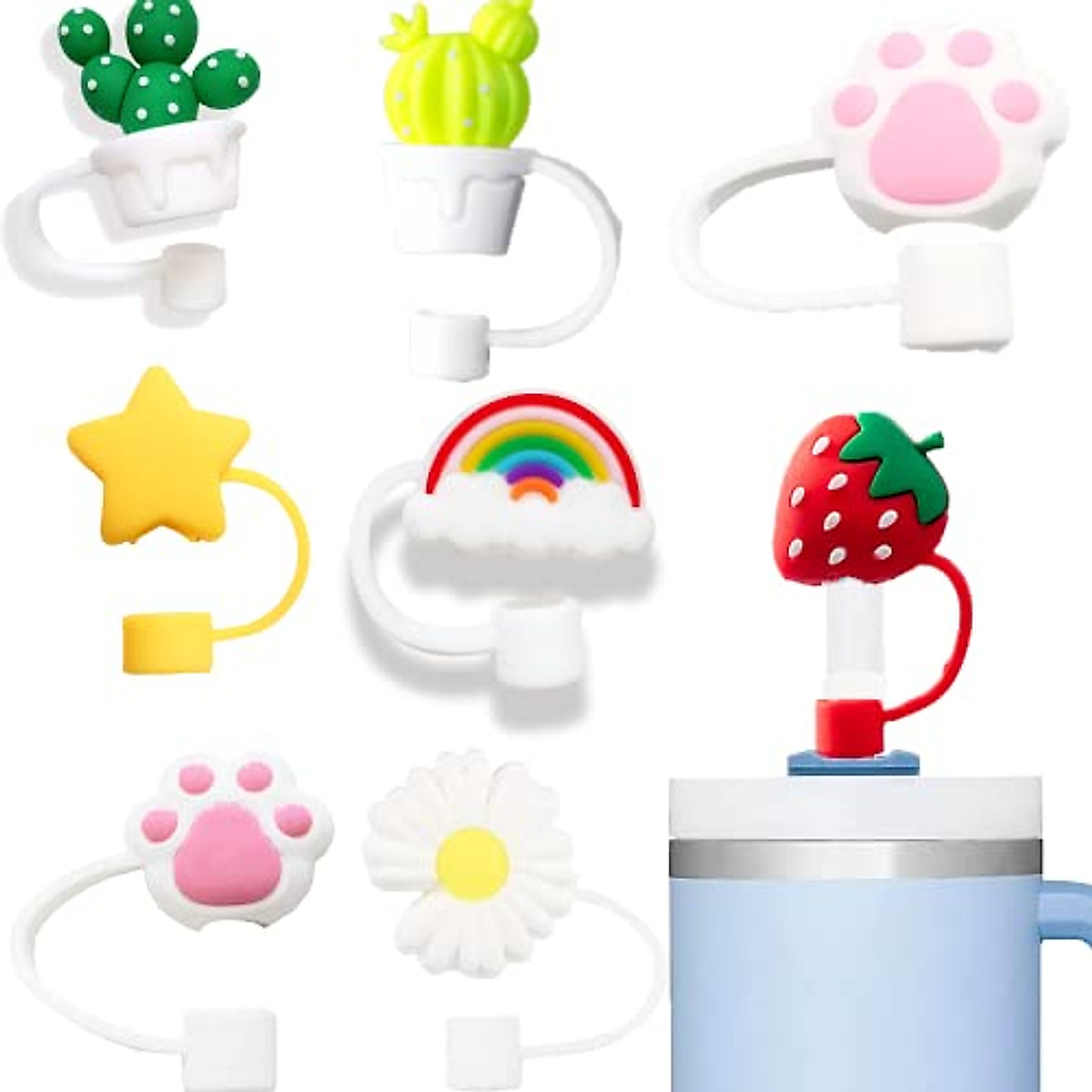 8pcs Straw Covers Cap for 0.4 inch/10mm Straws, Dust-Proof Straw Cap Tip Silicone Toppers Cartoon Reusable Plugs for Tumblers