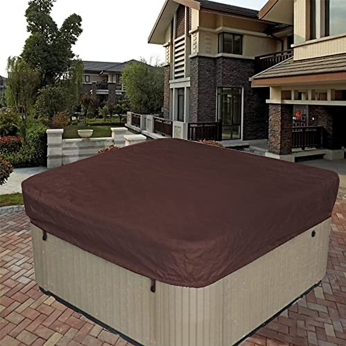 Hot Tub Top Cover, Square Waterproof UV Resistance Spa Bathtub Protector Covers with Tightening Elastic Rope, Outdoor Furniture Anti-Snow Cover, Swimming Pool Dust Cover (220*220*90cm,Brown)