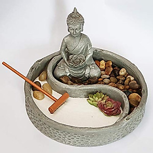 Nature's Mark Mini Zen Garden Kit for Desk with Lotus, Buddha Figures, Rake and Natural Sand River Rocks Table/Desk Décor Gift Set for Home and Office 6 x 6 Inches Round Base