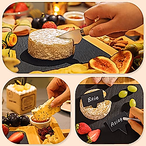 Easoger Large Charcuterie Board (28"×13"×1.6") with 2 Drawers, Bamboo Cheese Board with Knife Set, 2 Ceramic Bowls, Cutting Protection Natural Slate and Non-slip Feet, ideal for Housewarming Gift