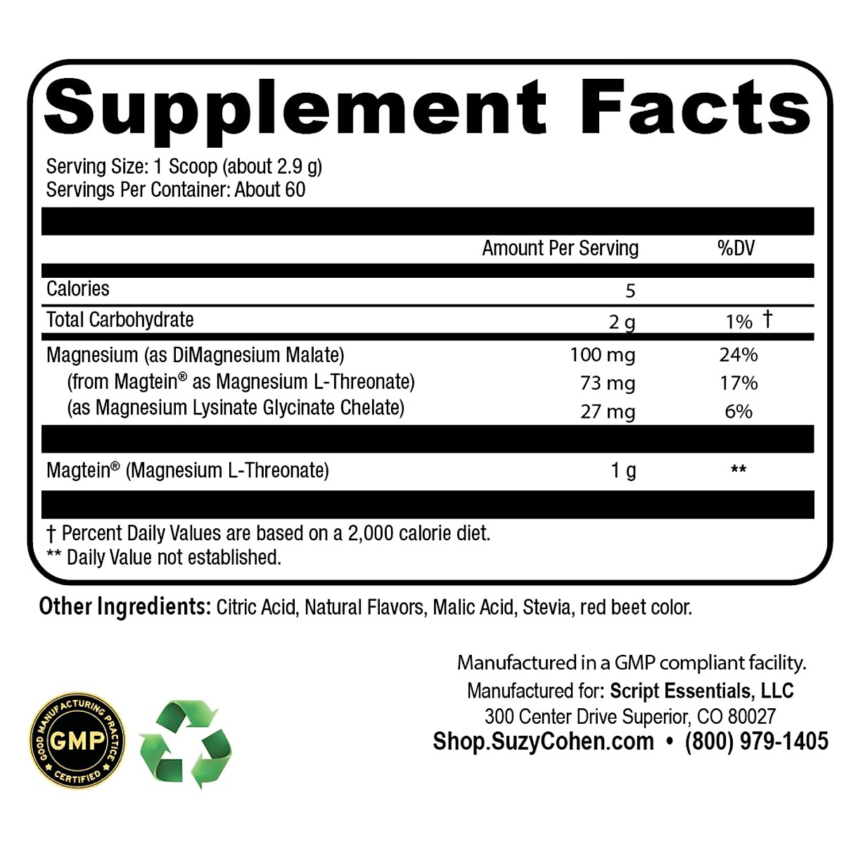 Suzy Cohen MagFocus Magnesium L-Threonate Powder with Magtein (Mixed Berry) Plus Magnesium Glycinate for Wellness, Focus, and Cognition - Gluten-Free, Non-GMO, Vegetarian (60 Servings)