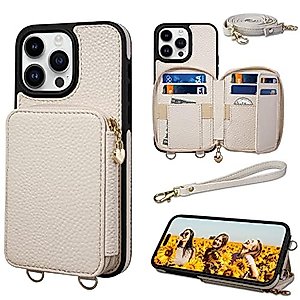 Keallce Case for iPhone 14 Pro Max 6.7'' Wallet Case, Crossbody Zipper Handbag with RFID Blocking 10 Card Slot Kickstand, Detachable Shoulder & Wrist Strap Protective Cover for iPhone 14 Pro Max,Beige