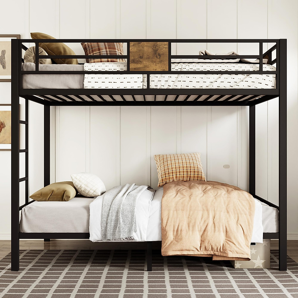 Allewie Twin Over Twin Bunk Bed with Rustic Wooden Accents, Sturdy Metal Frame, Space-Saving Design, Noise-Free, Black