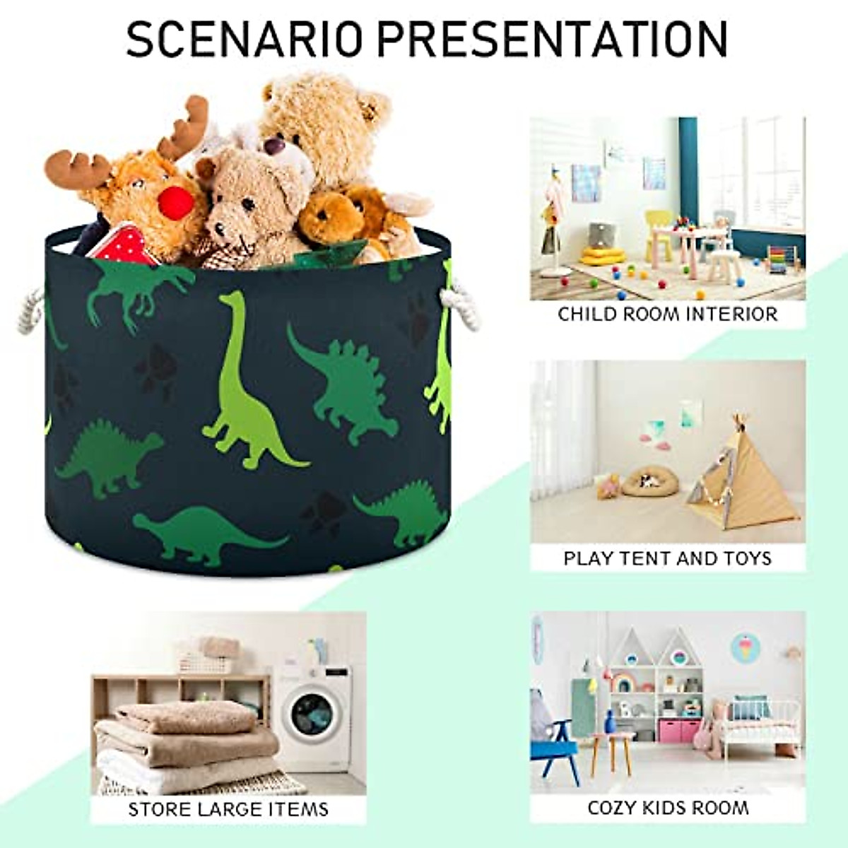 Kigai Green Camo Dinosaur Storage Basket, Collapsible Round Toy Storage Bin, Decorative Laundry Hamper with Handles, Large Organizer Bins