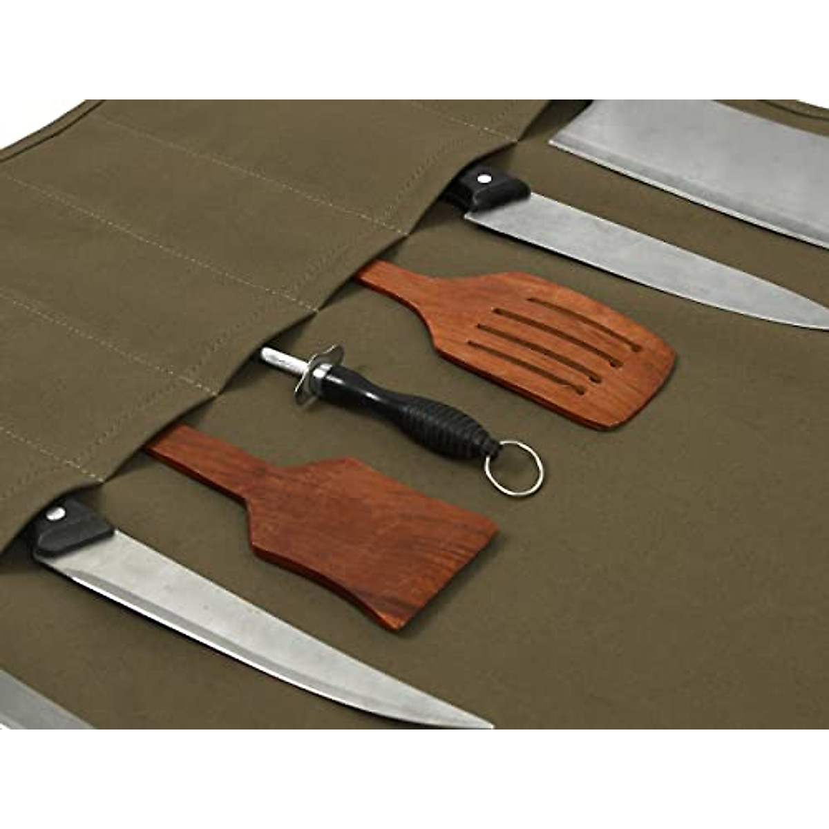 Knife Roll Portable Bag Travel Carrier Bag with 7 Slots Kitchen Cooking Tools And Utensils Wrap Bag Wallet Multi-Purpose Brush Roll Bag (Olive, Canvas)