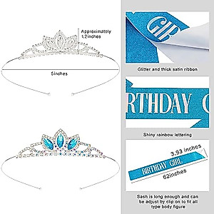 SuPoo Tiaras for Girls Birthday Crown Blue Birthday Girl Sash Princess Crown Birthday Girl Headband Crystal Birthday Tiara with Comb Crown for Girls Rhinestone Happy Birthday Accessories Gift Set