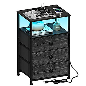 Tohomeor End Table with Charging Station LED Light Nightstand Bedroom Bed Side Dresser with 3 Fabric Drawers Open Storage Shelf Living Room Sofa End Table with USB Ports and Outlet (Charcoal, 1 Pack)