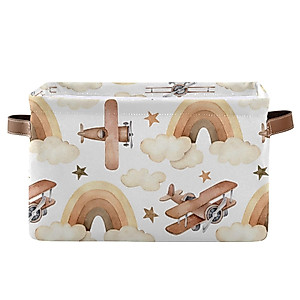 susiyo Large Foldable Storage Bin Airplane Rainbow Fabric Storage Baskets Collapsible Decorative Baskets Organizing Basket Bin with PU Handles for Shelves Home Closet Bedroom Living Room-2Pack