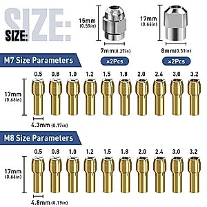 Drill Chuck Collet Set, 28 Pcs Chuck Collet Kit（1/32" - 1/8" ）Replacement 4486 Drill Keyless Bit Chuck Shank Rotary Tool Quick Change Adapter with Replacement 4485 Brass Collet Metal Set