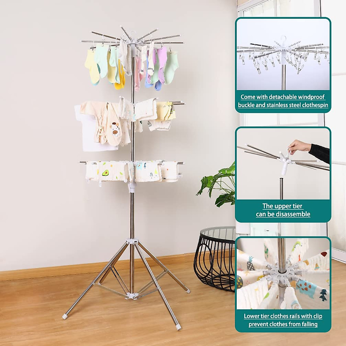 Hershii 3 Tiers Clothes Drying Rack Collapsible Indoor Outdoor Garment Airer Stand Folding Laundry Hanger Organizer Space Saving with Towels Bars and Clothespins, 43.3-66.92inches High