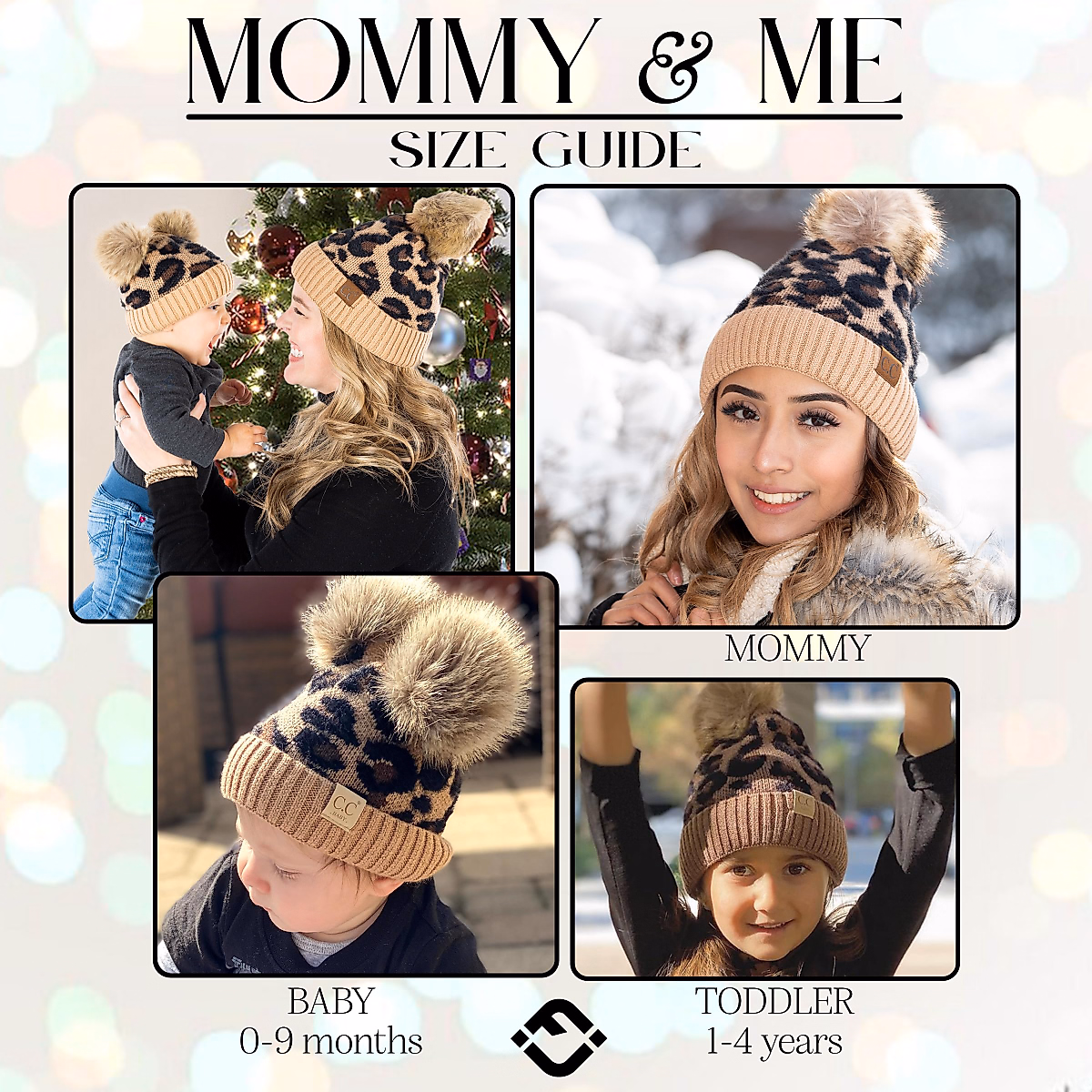 Funky Junque Mom and Baby Pom Pom Hat Set, Mommy and Me Winter Hats, Matching Double Pom Beanies, One Size Adult/Infant, Leopard Latte