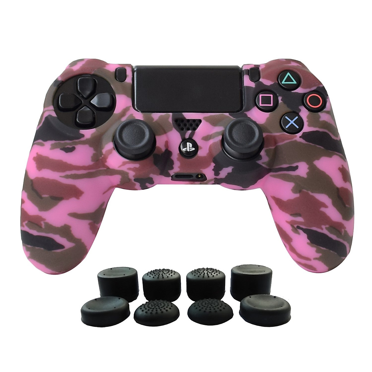 Hikfly Silicone Gel Controllers for Game Consoles Skin Cover Protector Compatible for PS4/PS4 Slim/PS4 Pro Controller (1 x Controller Cover with 8 x FPS Pro Thumb Grip Caps)(Pink)