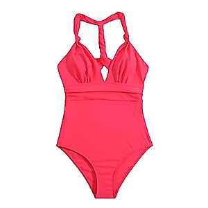 Floerns Women's Cut Out Twist Front Ruched Bust Plunge Neck One Piece Swimsuit Watermelon Pink M