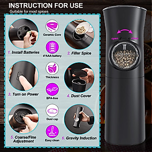 Pepper Grinder, JEKSSTB Battery Operated Salt and Pepper Grinder, Adjustable Coarseness, with LED Light, Dust Cover, One Hand Electric Salt and Pepper Grinder, ABS Material (Black)