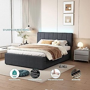 YOPTO Full Size Upholstered Platform Bed with Twin Size Trundle & USB Port,Linen Tufted Bed Frame W/Remote Control LED Light & Stripe Headboard,Wood Slats Support for Bedroom,Apartment,Dark Gray