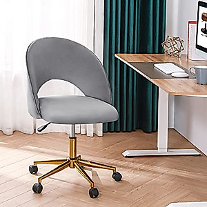 Furniliving Velvet Home Office Chair, Cute Desk Chair Swivel Armchair Upholstered Task Chair with Gold Metal Base, Vanity Chair Adjustable Computer Chair Makeup Chair for Living Room (LightGrey)