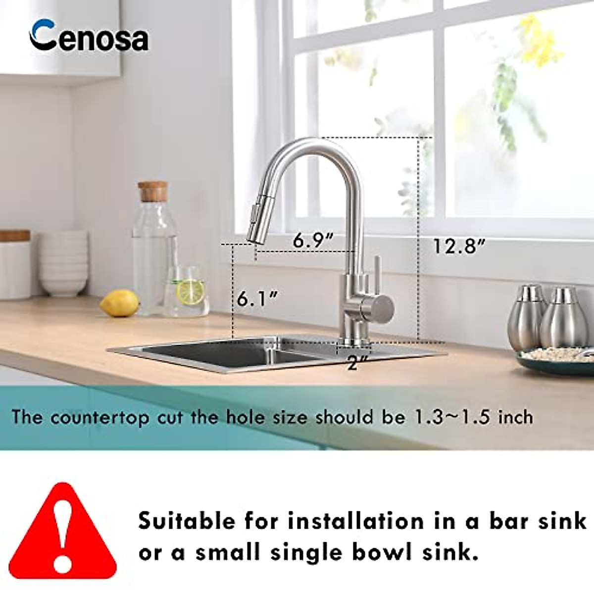 CENOSA Modern Bar Sink Faucet for Kitchen Sink Single Handle with Pull Out Sprayer Hot and Cold Prep Sink Faucet Brushed Nickel