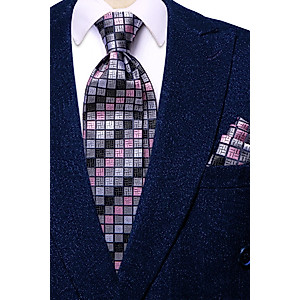 Hi-Tie Mens Plaid Ties Classic Paisley Necktie with Handkerchief Cufflinks Set Business Stripe Tie,Grey Pink