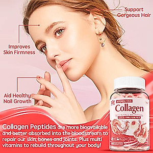 Sugar-Free Hydrolyzed Collagen Peptide Filled Gummies,Extra Strength 1500mg Protein Type I,II,III,V,X with 5000mcg Biotin Vitamin C A E D3 B6 B12 for Immune Digestion Skin Hair Nails Energy Bone Joint