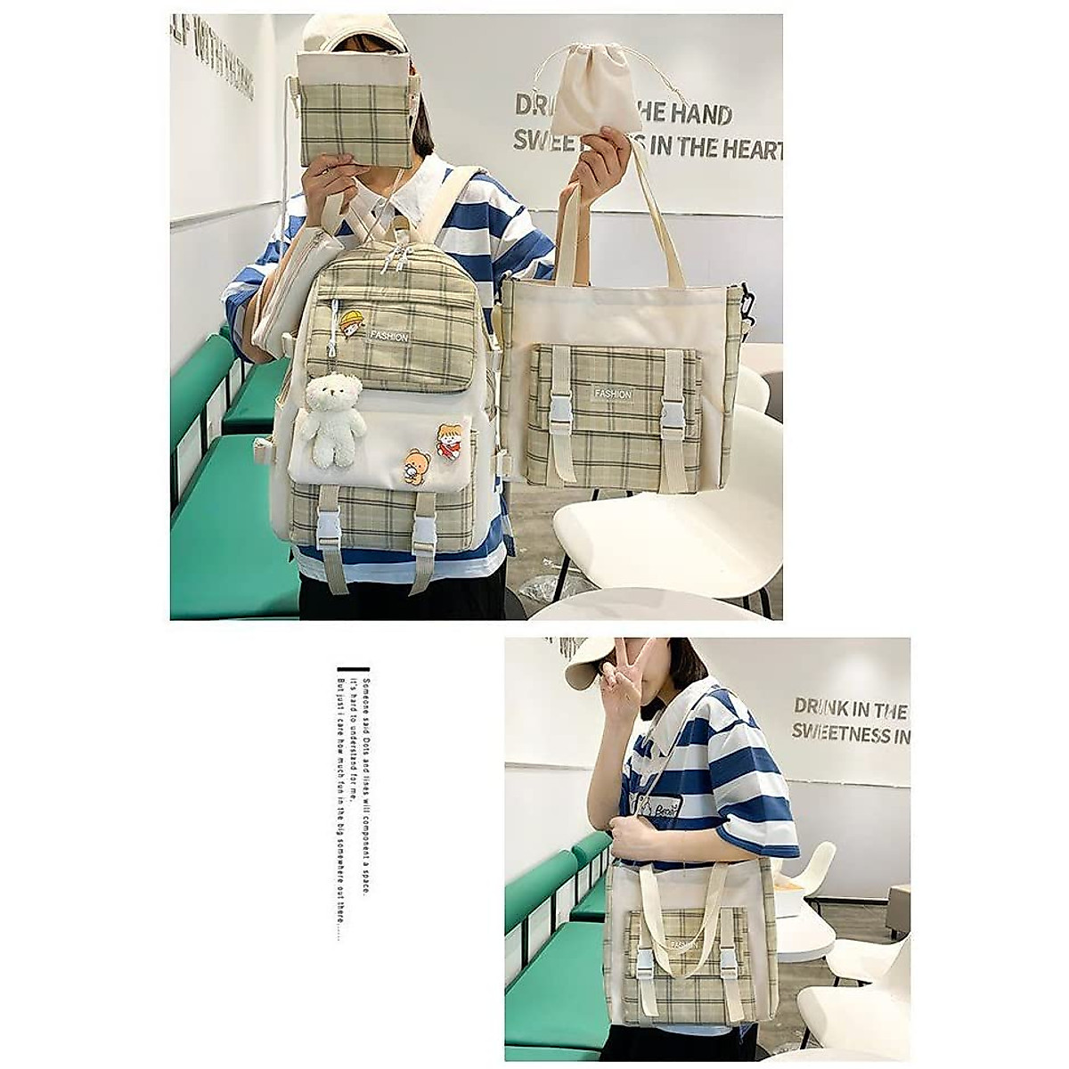 5Pcs Kawaii Canvas School Backpack Combo Set with Pear Pendant Cute Pins Tote Bag Pencil Pouch Plaid Checkered Aesthetic Laptop Schoolbag Daypack Kit Back To School (Green)