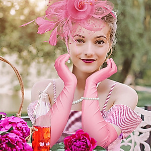 Yaomiao 5 Pcs 1920s Fascinators Feather Headband Pearl Jewelry Gloves for Women Tea Party Halloween Church Derby(Pink)