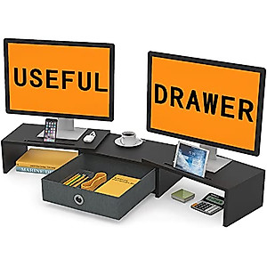 WESTREE Dual Monitor Stand Riser with Drawer, Monitor Stand Riser for 2 Monitors, Adjustable Length and Angle, 2 Solts for Phone & Tablet, Desktop Organizer Stand for Computer/Laptop/PC/Printer