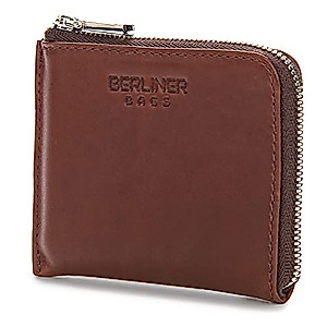 BERLINER BAGS Premium Mini Wallet Mark Flat Purse with Zipper Genuine Leather Small Case Ladies Men Thin Slim (Brown)