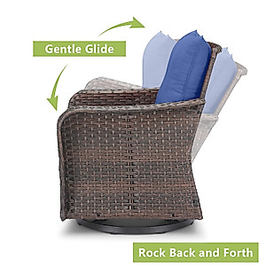 Rilyson Outdoor Patio Rocking Swivel Chairs - 3 PC Wicker Patio Furniture Rocker Chair Set Rattan Patio Bistro Sets with Side Table for Porch Deck Backyard Garden(Brown/Blue)