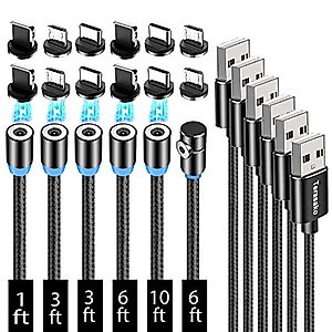 Terasako Magnetic Charging Cable 6-Pack [1ft/3ft/3ft/6ft/6ft/10ft], 3 in 1 Nylon Braided Magnetic Phone Charger, Compatible with Micro USB, Type C, iProduct and Most Devices