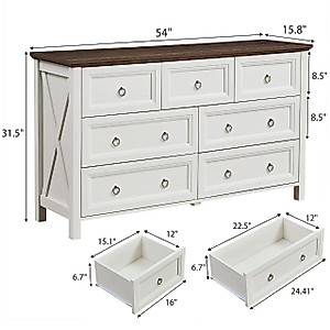 7 Drawer Dresser for Bedroom, 54" Farmhouse Dresser, Rustic Chest of Drawers, White Dresser with Barn Design, LargeTabletop & Antique Bronze Handles, Wood Dresser for Closet, Bedroom Dressers