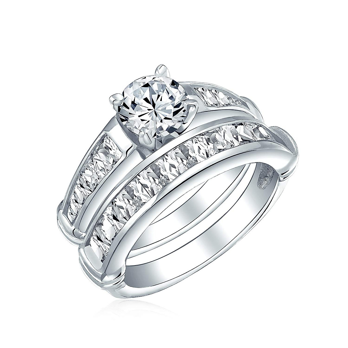 Bling Jewelry Classic Traditional Style 2CT Cubic Zirconia Round Brilliant Cut Solitaire Pave Band AAA CZ Anniversary Wedding Engagement Ring Set Band For Women .925 Sterling Silver