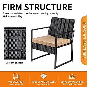 Aug-guan Patio Furniture Set,Wicker Bistro Set 3 Pieces Outdoor Furniture,Rattan Table and Patio Chairs Set for Balcony,Yard,Porch and Deck（Khaki