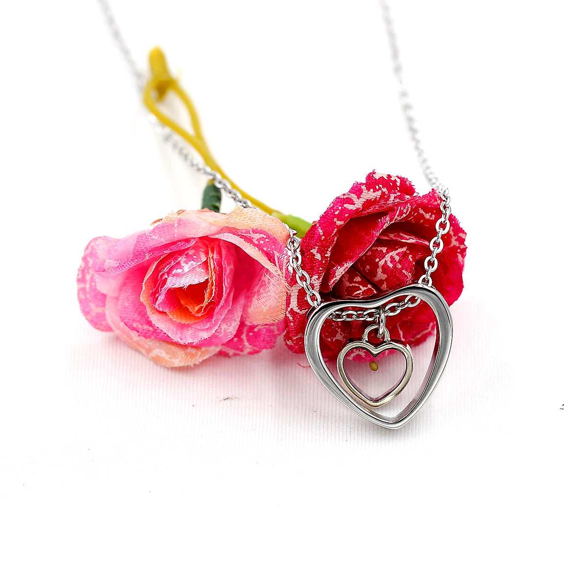 Uloveido Stainless Steel Double Hearts Necklace, Real Mustard Seed Heart Pendant Necklace for Women Ladies Y854 (Heart)