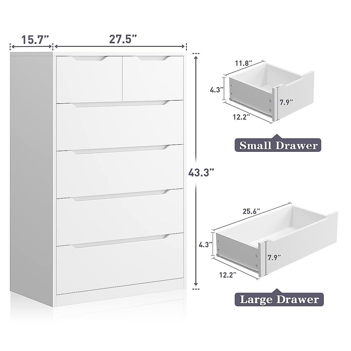 EnHomee Dresser, Dresser for Bedroom, White Dresser with 6 Wood Large Drawers, Dressers & Chests of Drawers with Large Organizer, Tall dresser with Smooth Metal Rail, White