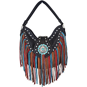 Western Style Fringe Conchos Gem Rhinestone Studded Braided Leather Purse Country Handbag Women Shoulder Bag Wallet Set (Red Set)