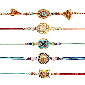 Eximious India Set of 5 Rakhi For Brother With Card Metal Pendant For Raksha Bandhan Designer Rakhi Thread for Bhaiya (Set of 5-2)