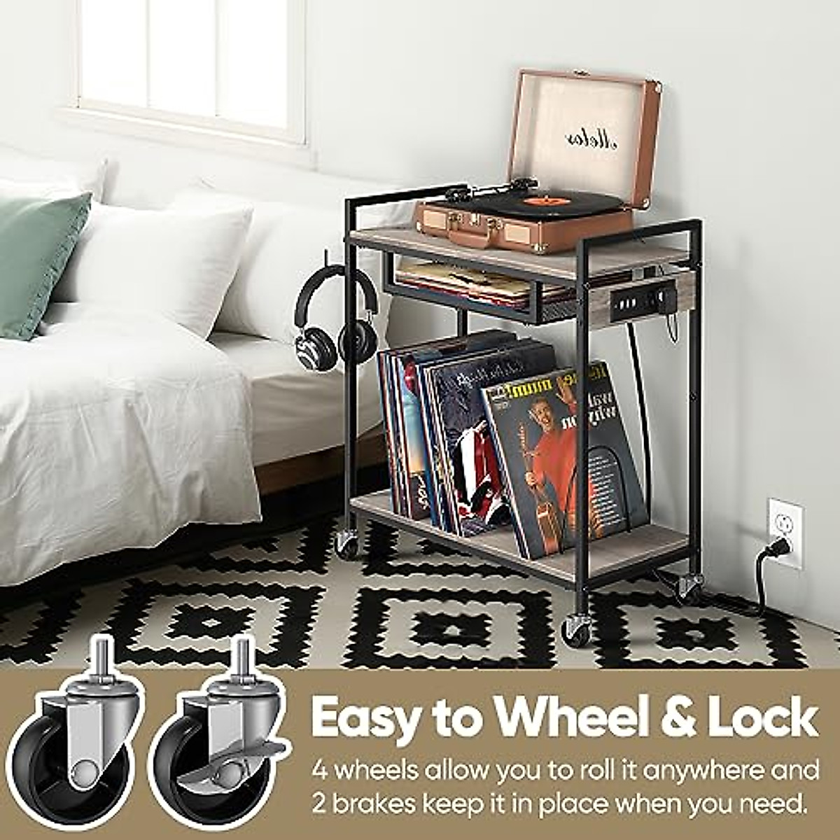 Record Player Stand, Turntable Stand with Charging Station, 3 Tier Record Player Table with 4 Quick-Release Divider, Vinyl Record Stand Storage with 4 Wheels, for Bedroom Living Room and Office, Gray