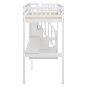 MERITLINE Twin Loft Bed with Desk and Stairs,Wooden Loft Bed Twin with Storage, Kids Loft Bed with Steps for Girls Boys Bedroom, Dorm(Twin,White)