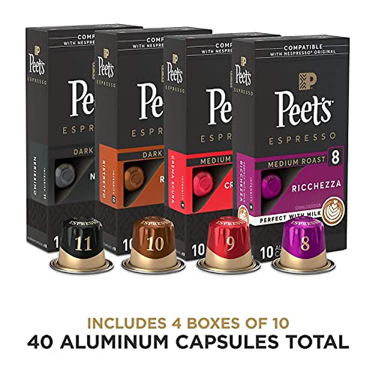 Peet's Coffee, Bestseller's Espresso Coffee Pods Variety Pack, Dark & Medium Roasts, Compatible with Nespresso Original Machine, Intensity 8-11, 40 Count (4 Boxes of 10 Espresso Capsules)