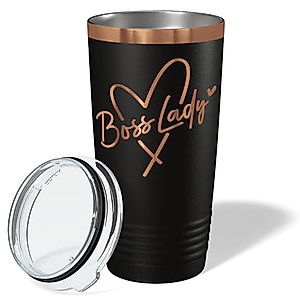 Boss Lady Big Heart Tumbler Birthday Gifts for Women, Coworker, Boss on Black with Ion Rose Gold Design 20 oz Stainless Steel Insulated Cup with Lid - Travel Mug for Mom
