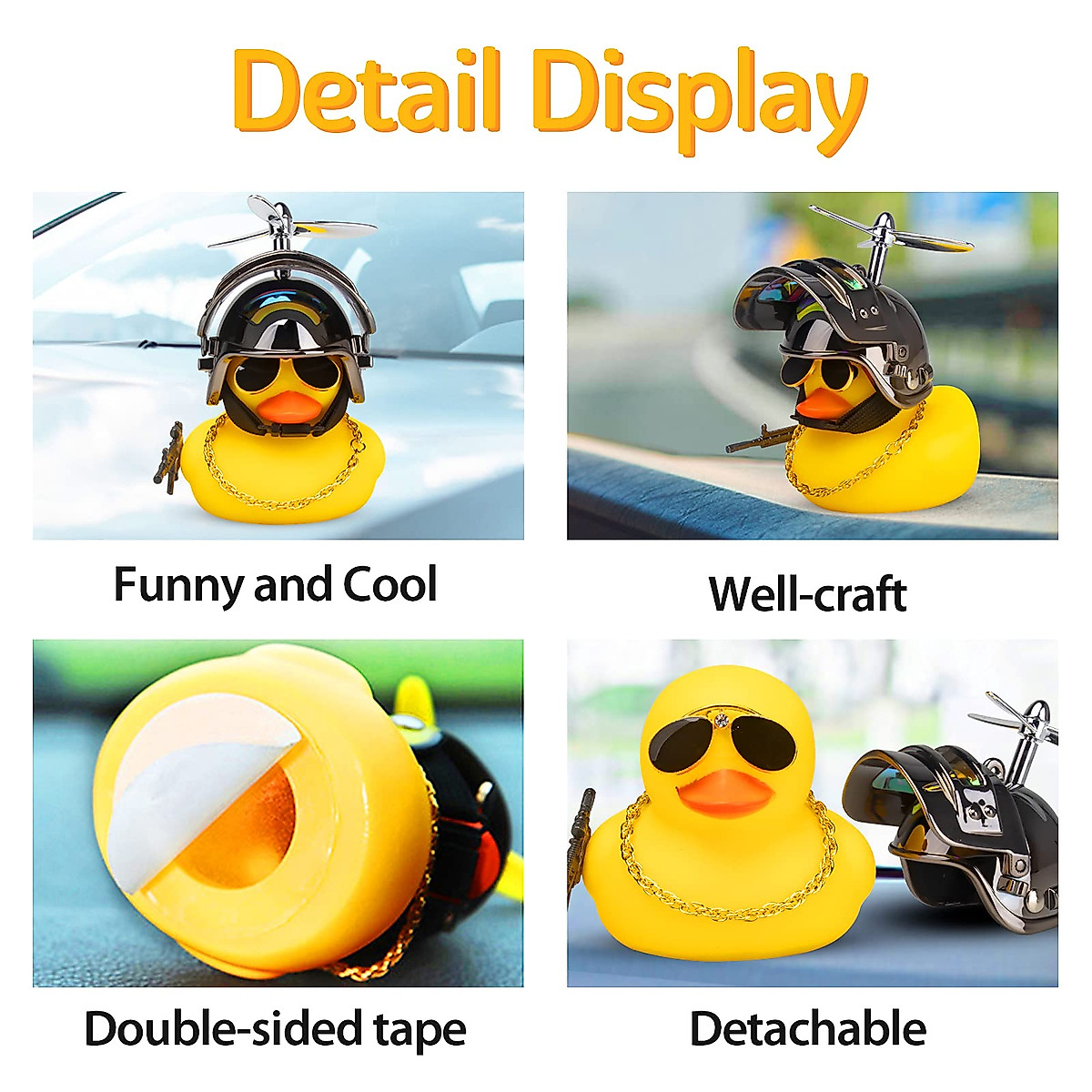 wonuu Rubber Yellow Duck Car Ornaments Cool Duck Car Dashboard Decorations with Propeller Helmet Sunglasses (Brilliant Black-Yellow G)