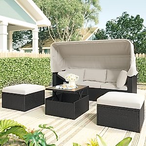 Merax 4 PCS Outdoor Patio Conversation Sets PE Wicker Sectional Sofa Rattan Daybed with Canopy, Lift Top Table, and Ottomans, Beige
