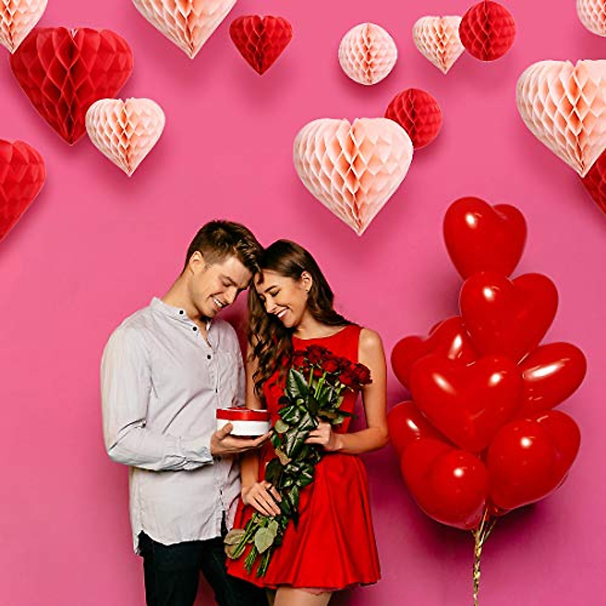 UNIQOOO 16 Pack Red Blush Pink Party Decoration Pom Pom | Heart & Ball Tissue Paper Honeycomb | Perfect for Party Decor, Wedding, Valentine's Day, Engagement, Bridal Shower, Baby Shower, Birthday