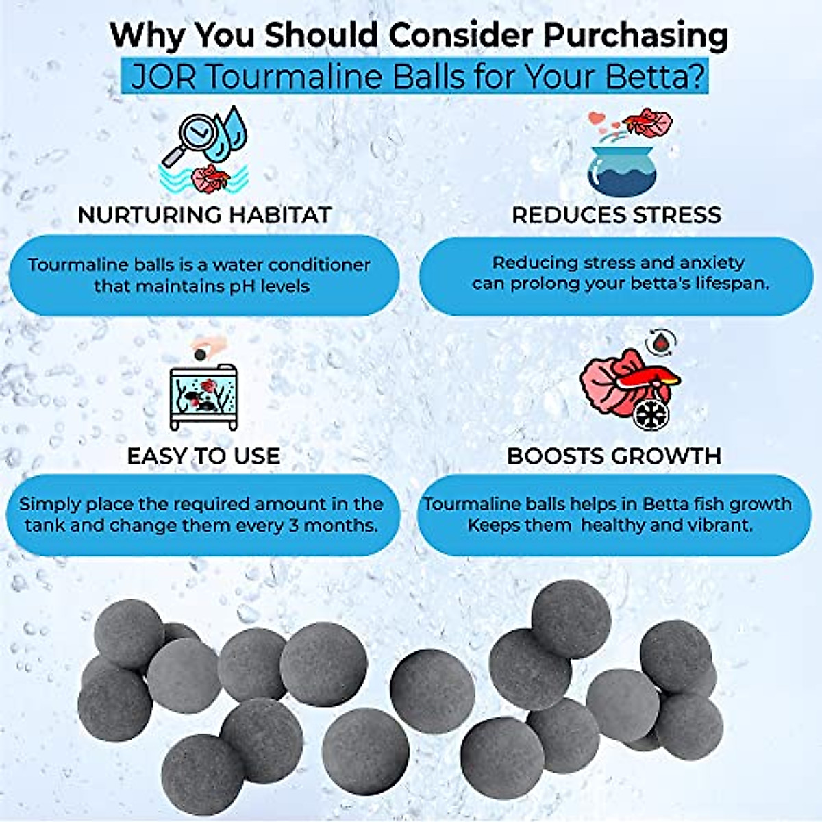 JOR Betta Tourmaline Balls, Crystal Clear Water, Vibrant Energetic Fish, Stabilizes pH, 20 pcs