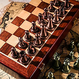 12 Inches Chess Set with Folding Wooden Chess Board and Classic Handmade Standard Pieces Metal Chess Set for Kids Adult