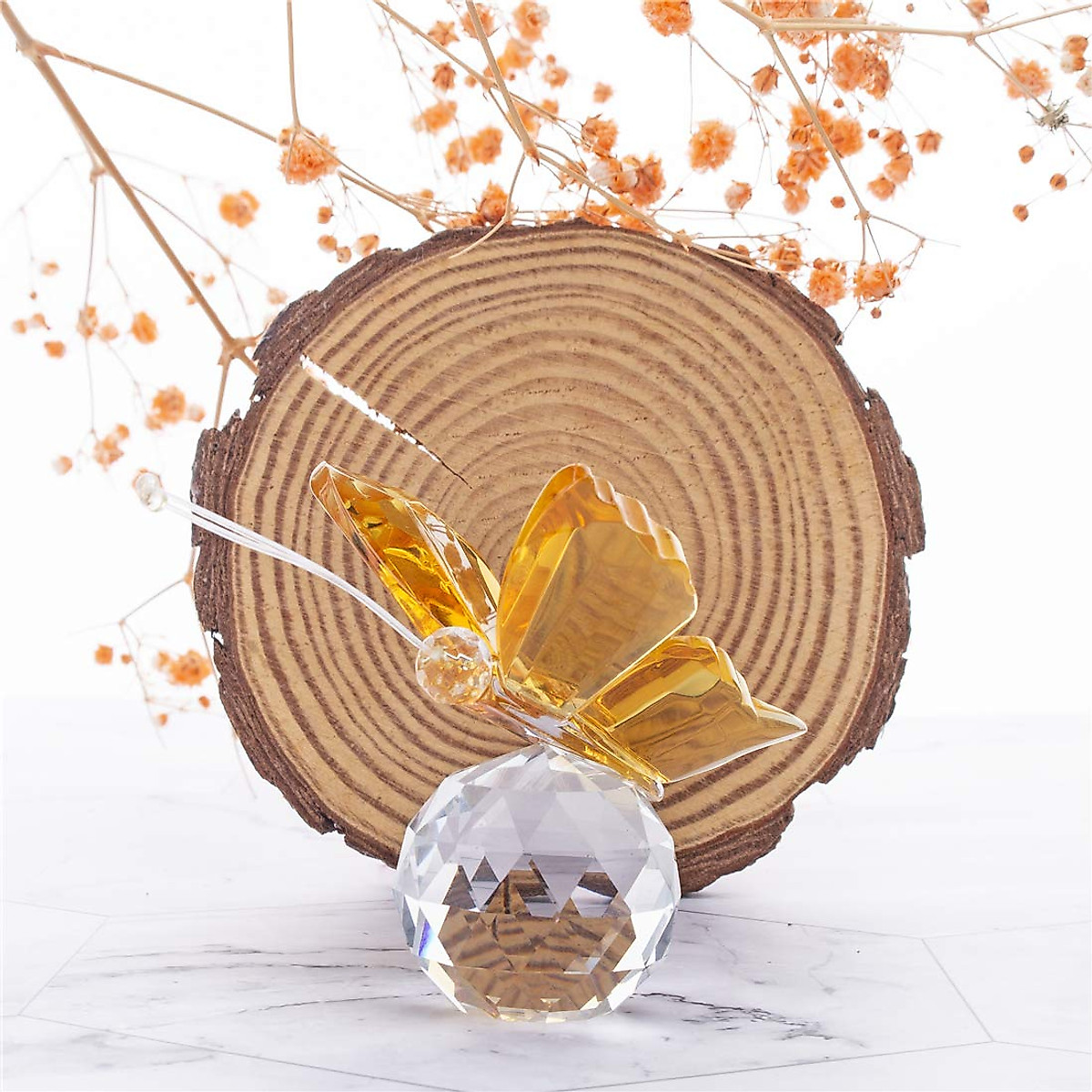 H&D Crystal Flying Butterfly with Crystal Ball Base Figurine Collection Cut Glass Ornament Statue Animal Collectible (Yellow)