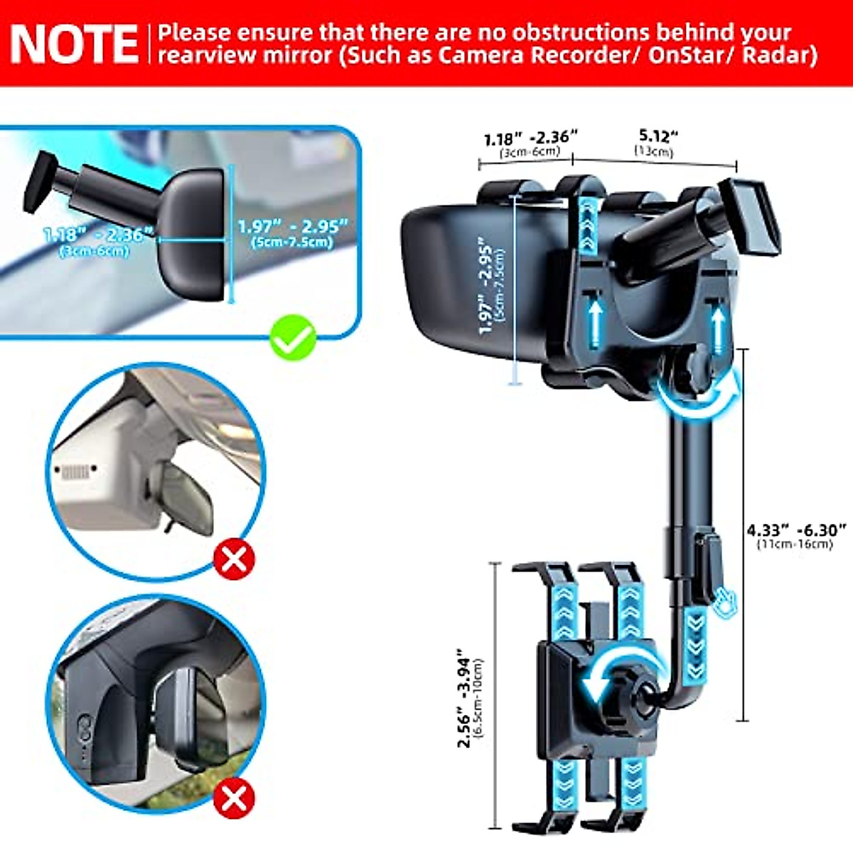 FONKEN 2-Pack 360°Rotatable and Retractable Car Phone Holder, 【New Version】 Multifunctional Rearview Mirror Phone Holder Universal Phone Mount for Car Rear View Mirror Car Mount for All Smartphones