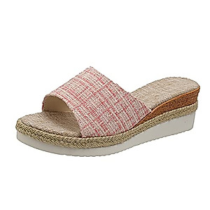 Womens Platform Wedge Sandals Espadrilles Braided Open Toe House Slippers Slip On Summer Mule High Heels Slippers (Pink, 6.5)